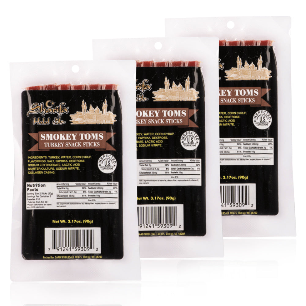 Sharifa Halal Smokey Toms Turkey Snack Sticks, (3) 3.17 oz. Package